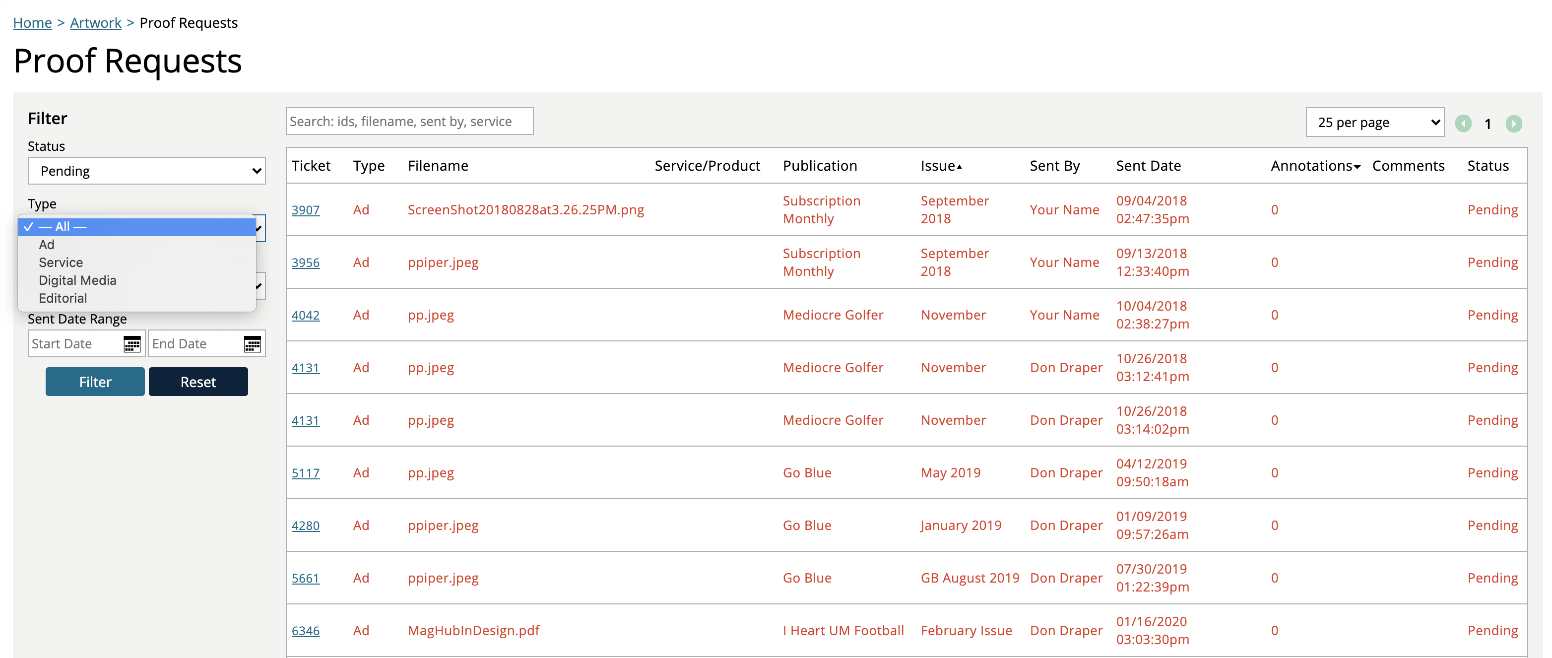 Sending and Managing Proof Requests from all Tickets Types